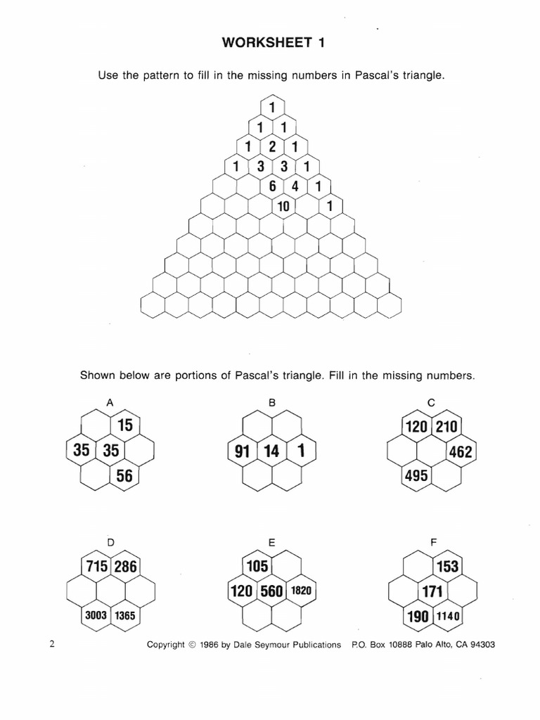 Worksheet 1: Use The Pattern To Fill in The Missing Numbers in Pascal's ...