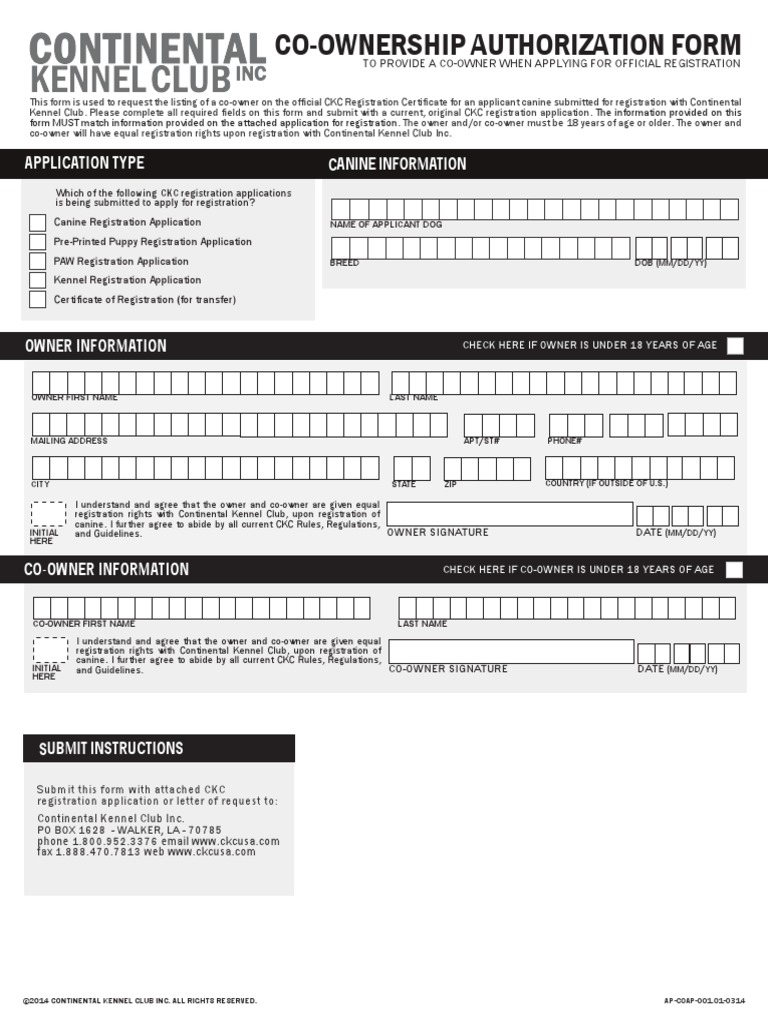 Co Ownership Authorization Form | PDF | Kennel Club | Dog Types
