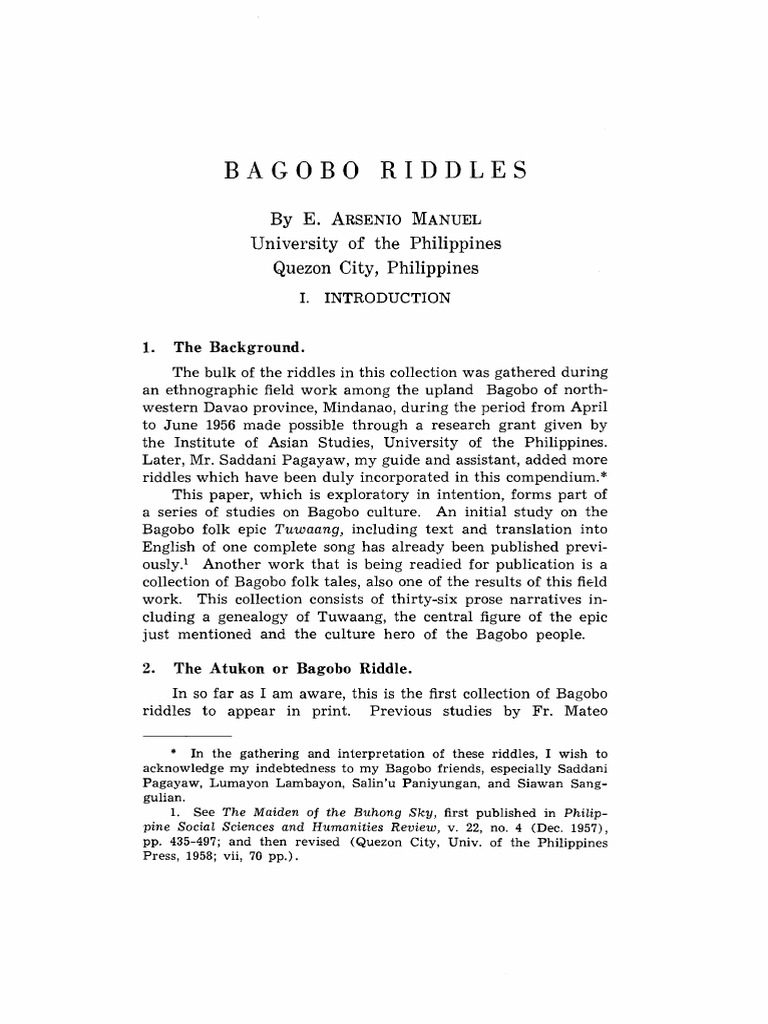 Bagobo Riddles: A Cultural Study | PDF | Riddle | Narrative