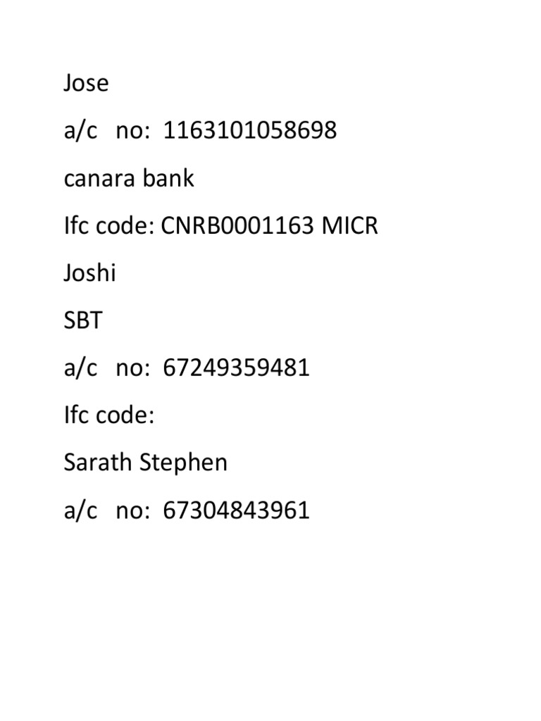 Jose A/c No: 1163101058698 Canara Bank Ifc Code: CNRB0001163 MICR Joshi ...