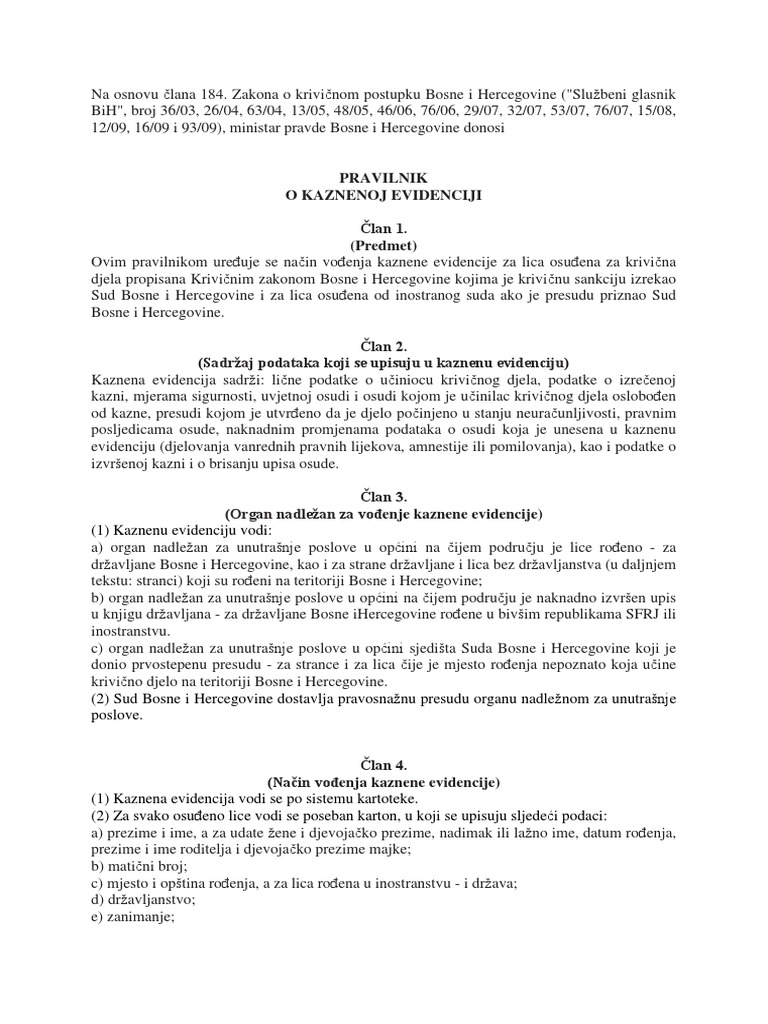 Pravilnik o Kaznenoj Evidenciji BiH | PDF