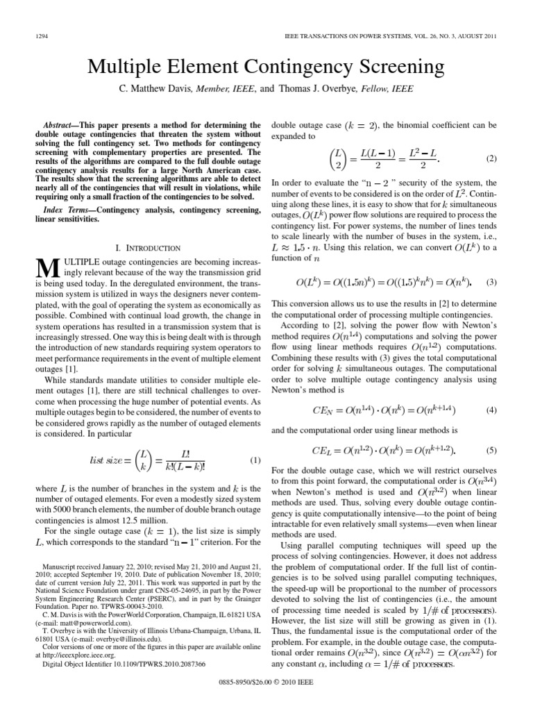 Multiple Element Contingency Screening: C. Matthew Davis, Member, IEEE ...