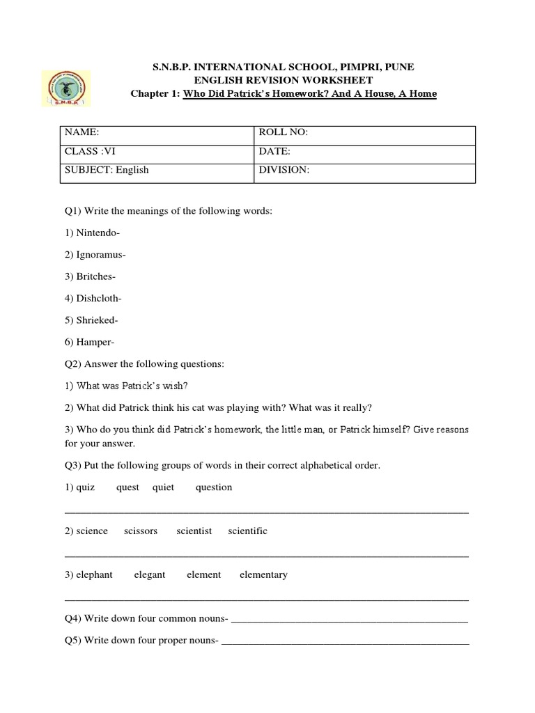 S.N.B.P. International School, Pimpri, Pune English Revision Worksheet ...