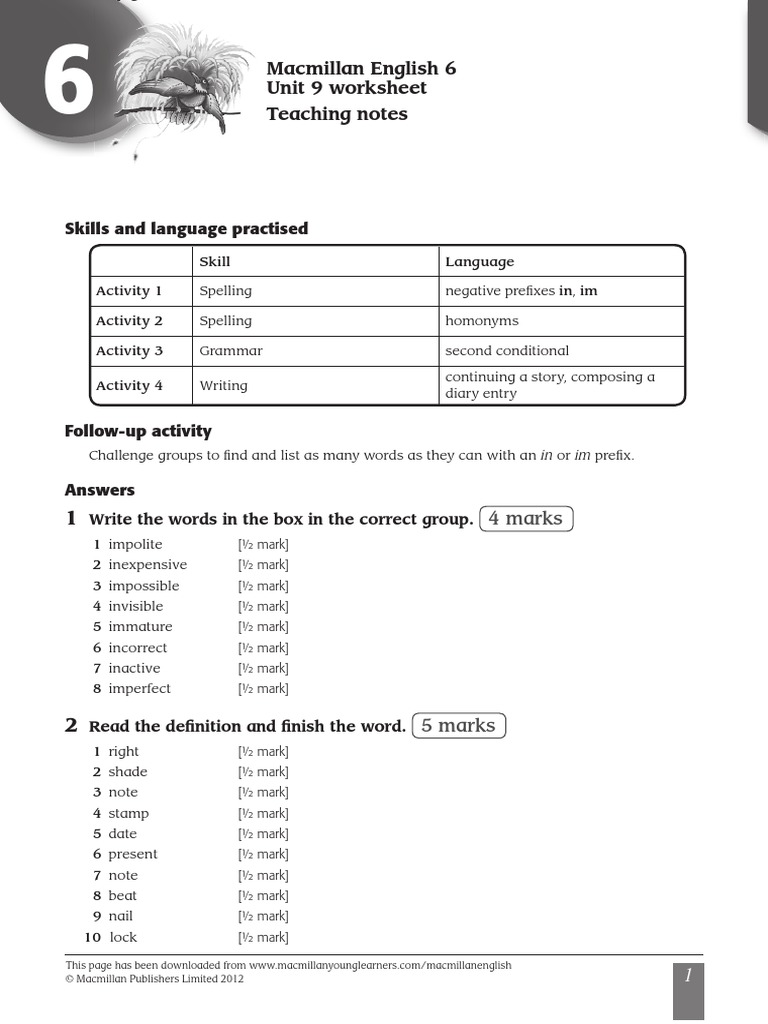 Macmillan English 6 Unit 9 Worksheet Teaching Notes: 4 Marks | PDF ...