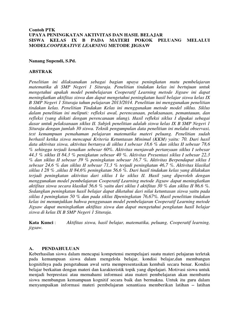 Contoh PTK Pree Test Dan Post Test Setiap Siklus | PDF