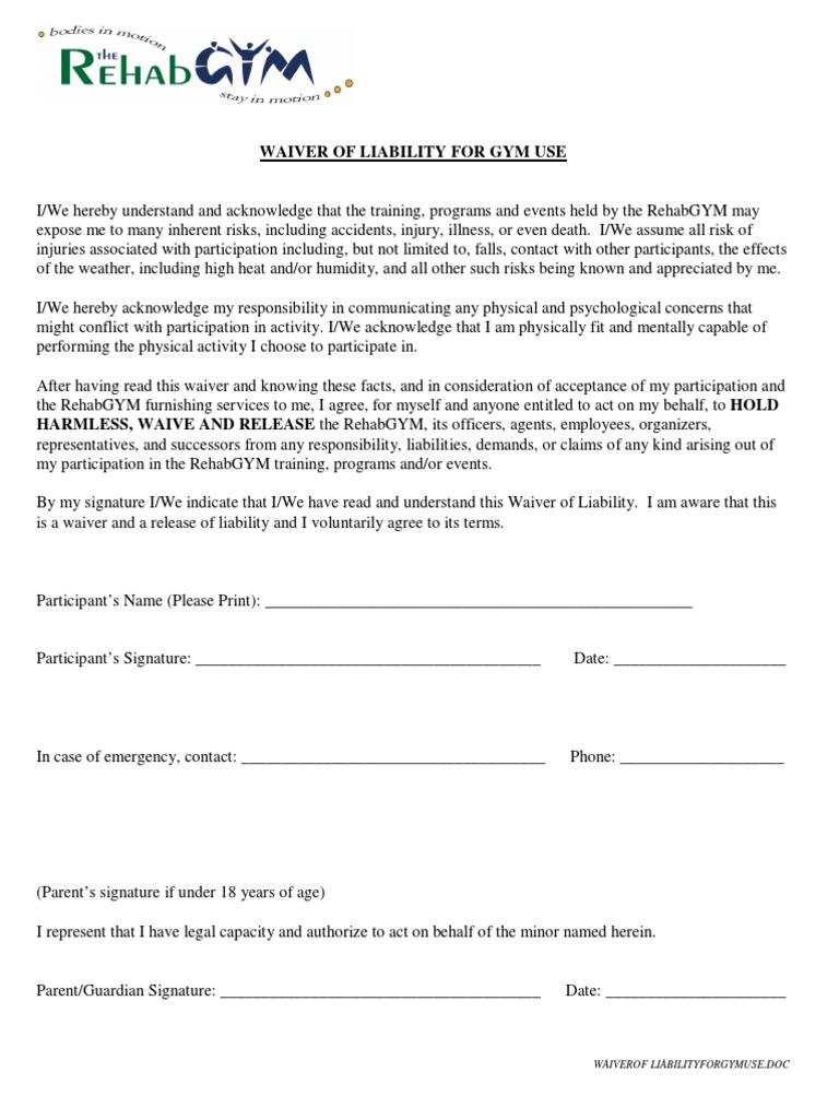 Waiver of Liability For Gym Use: Waiverof Liabilityforgymuse | PDF