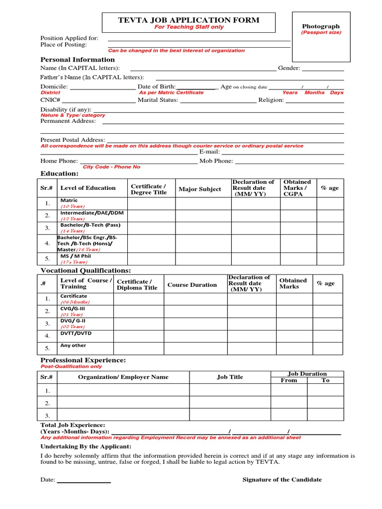 Job Application Form Teaching For TEVTA Entries | PDF | Qualifications ...