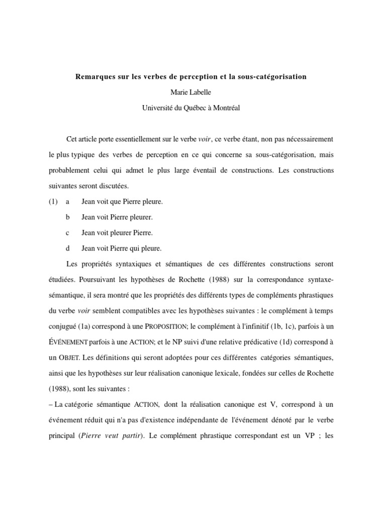 Labelle 1996 RLV-PercepV PDF | PDF | Sujet (Grammaire) | Clause