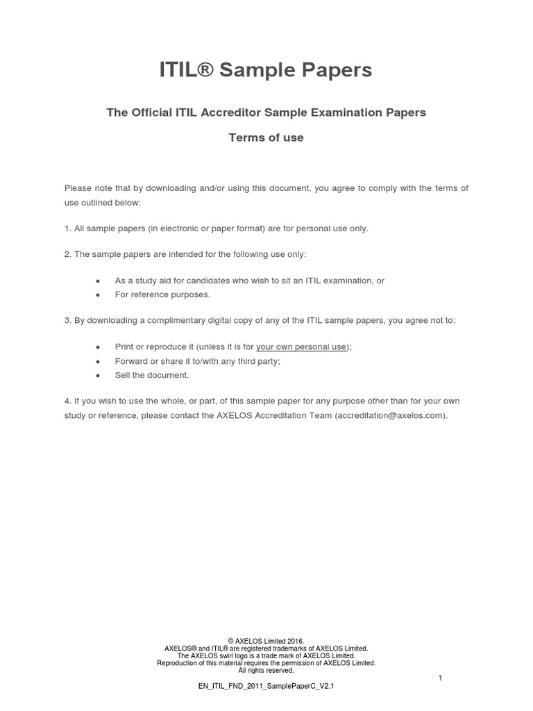 ITIL Foundation SamplePaper C v2.1 en Questions | PDF | Itil ...
