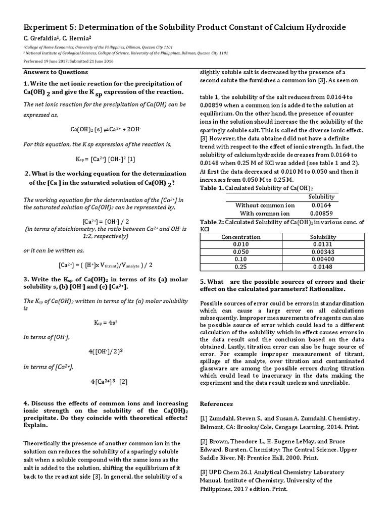 Determination of the Solubility Product Constant of Calcium Hydroxide ...