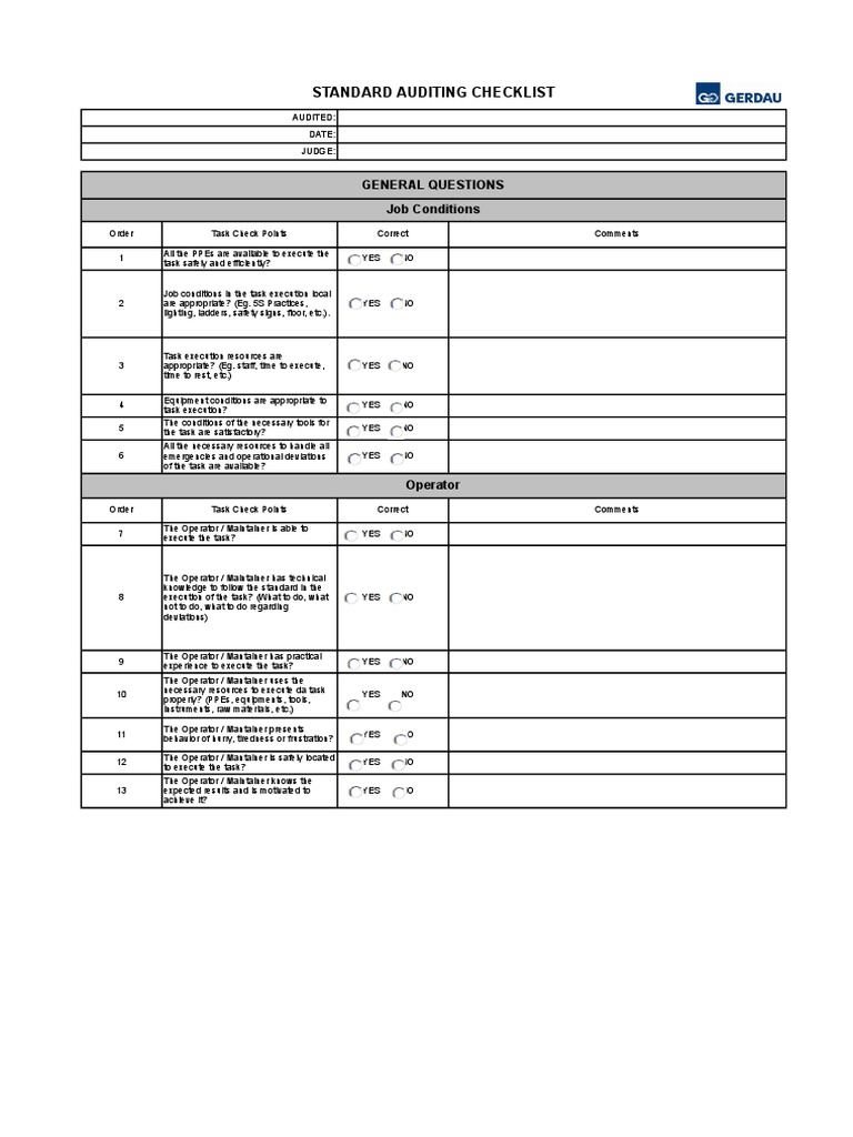 Standard Auditing Checklist: General Questions Job Conditions | PDF ...