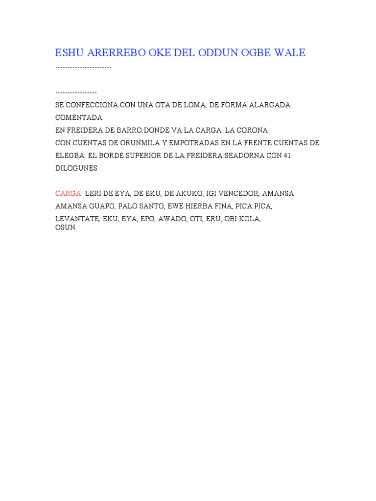 Eshu Arerrebo Oke Del Oddun Ogbe Wale | PDF