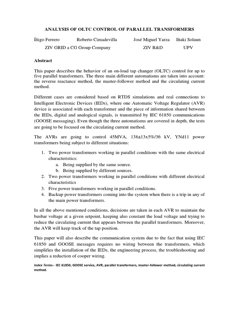 Analysis of Oltc of Parallel Transformers | Transformer | Electric ...
