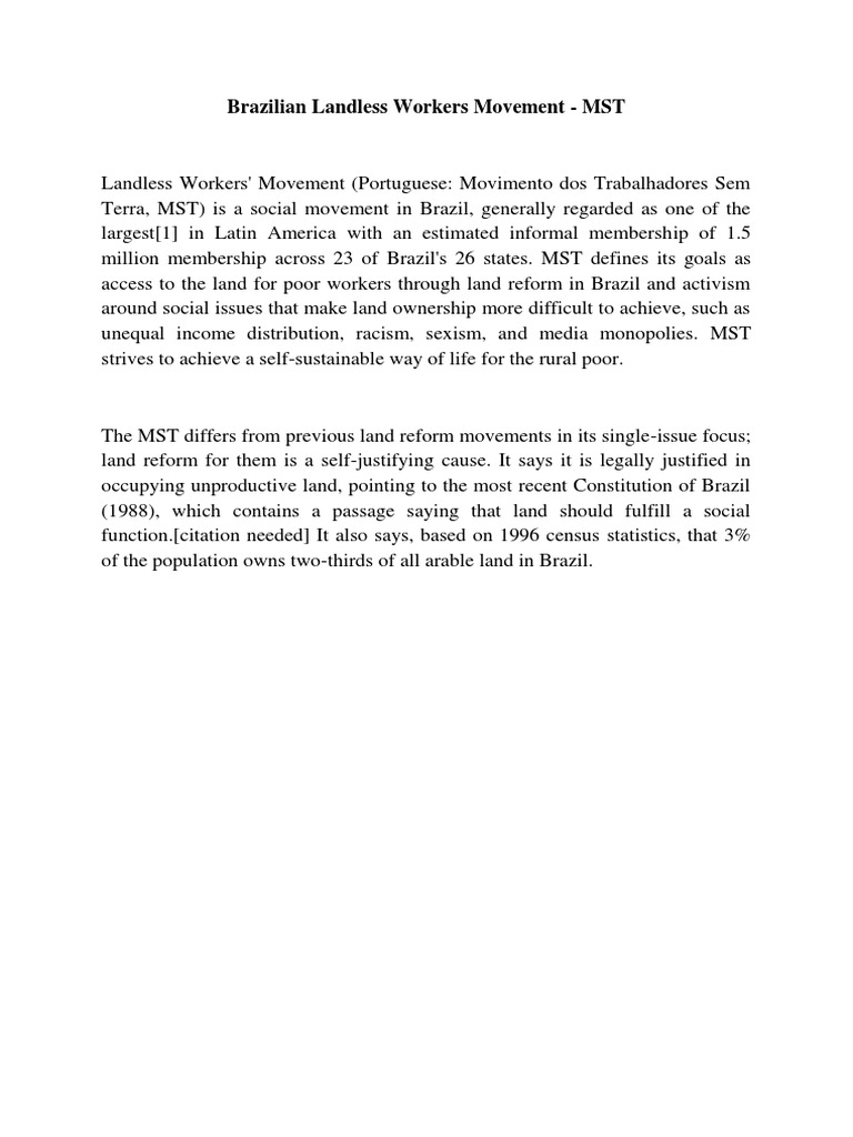Brazilian Landless Workers Movement Overview | PDF