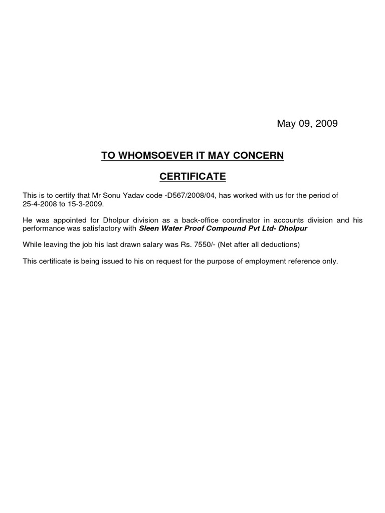 To Whomsoever It May Concern Certificate | PDF