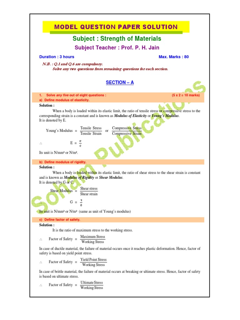 Strength of Materials Model Question Paper | PDF | Bending ...