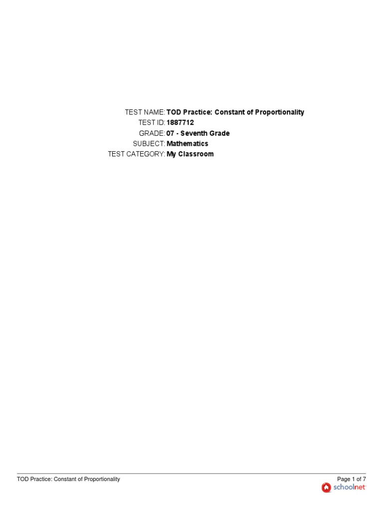 Constant of Proportionality Practice Test | PDF | Nature | Teaching ...