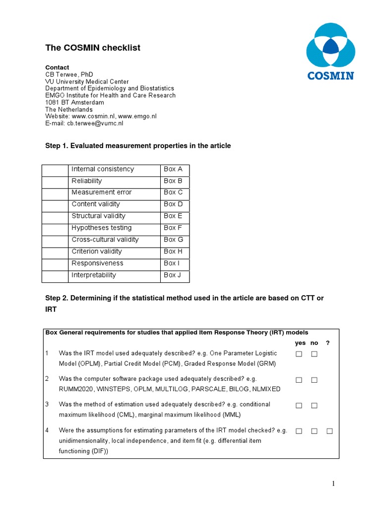 The COSMIN Checklist: Contact | PDF | Cronbach's Alpha | Validity ...