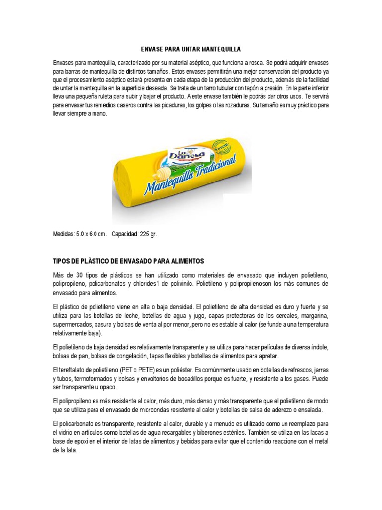 Envase Aséptico para Untar Mantequilla | PDF | Envase | Alimentos