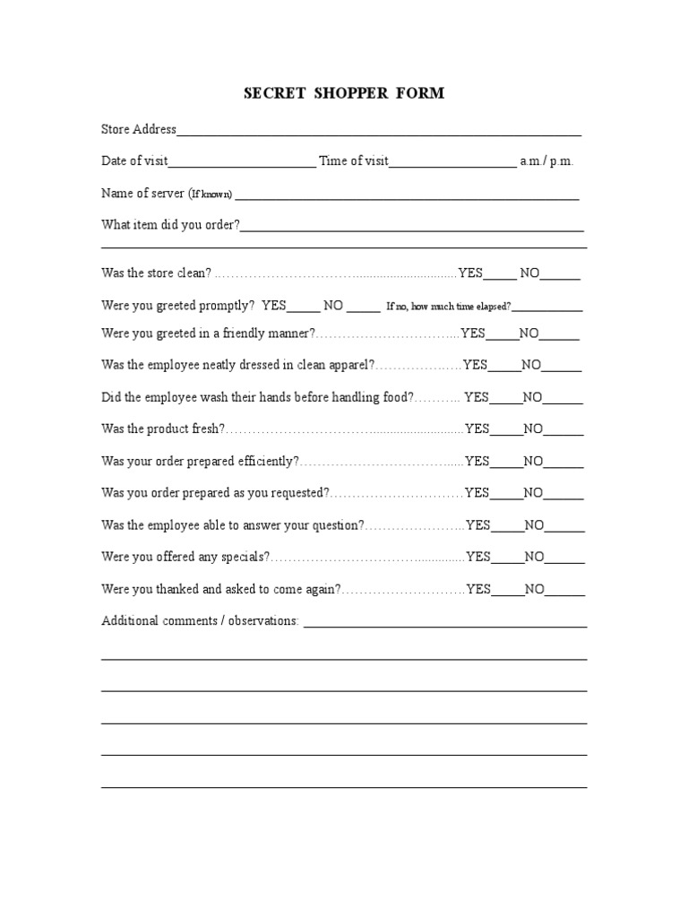 Secret Shopper Form: If Known) | PDF