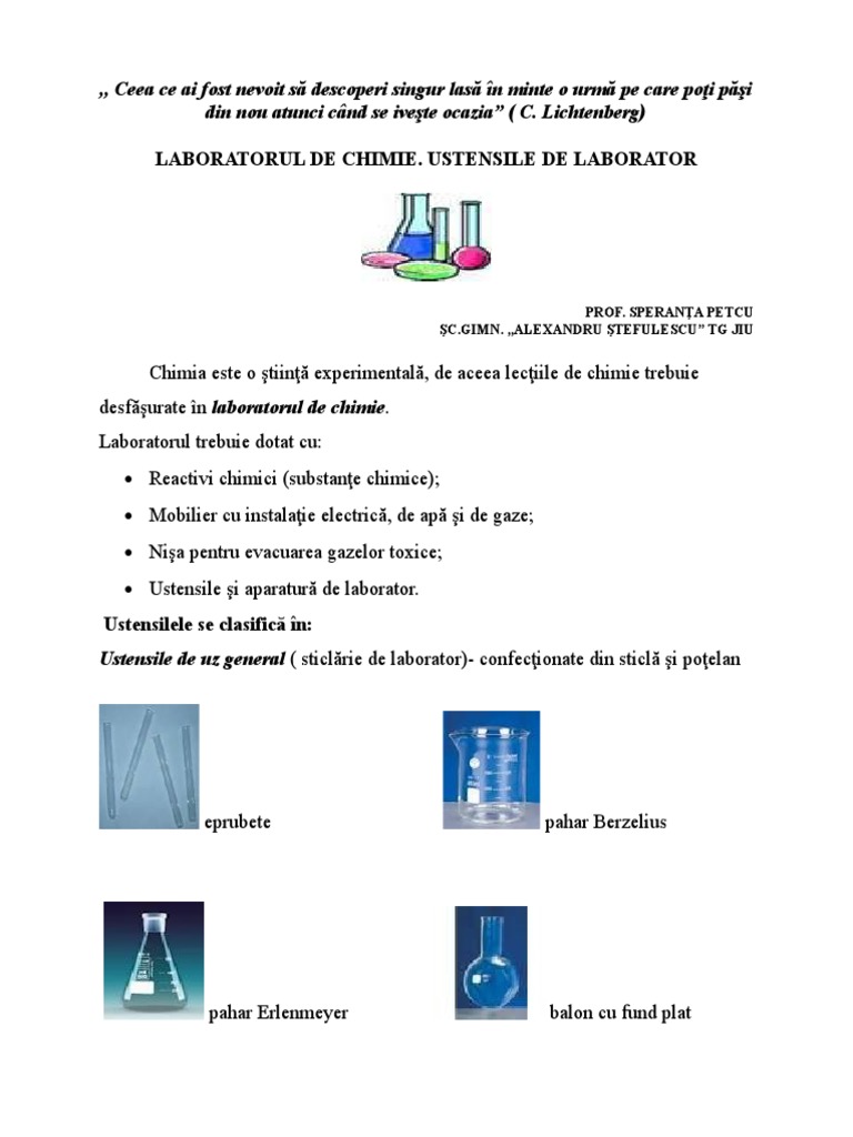 Laboratorul De Chimie Ustensile De Laborator