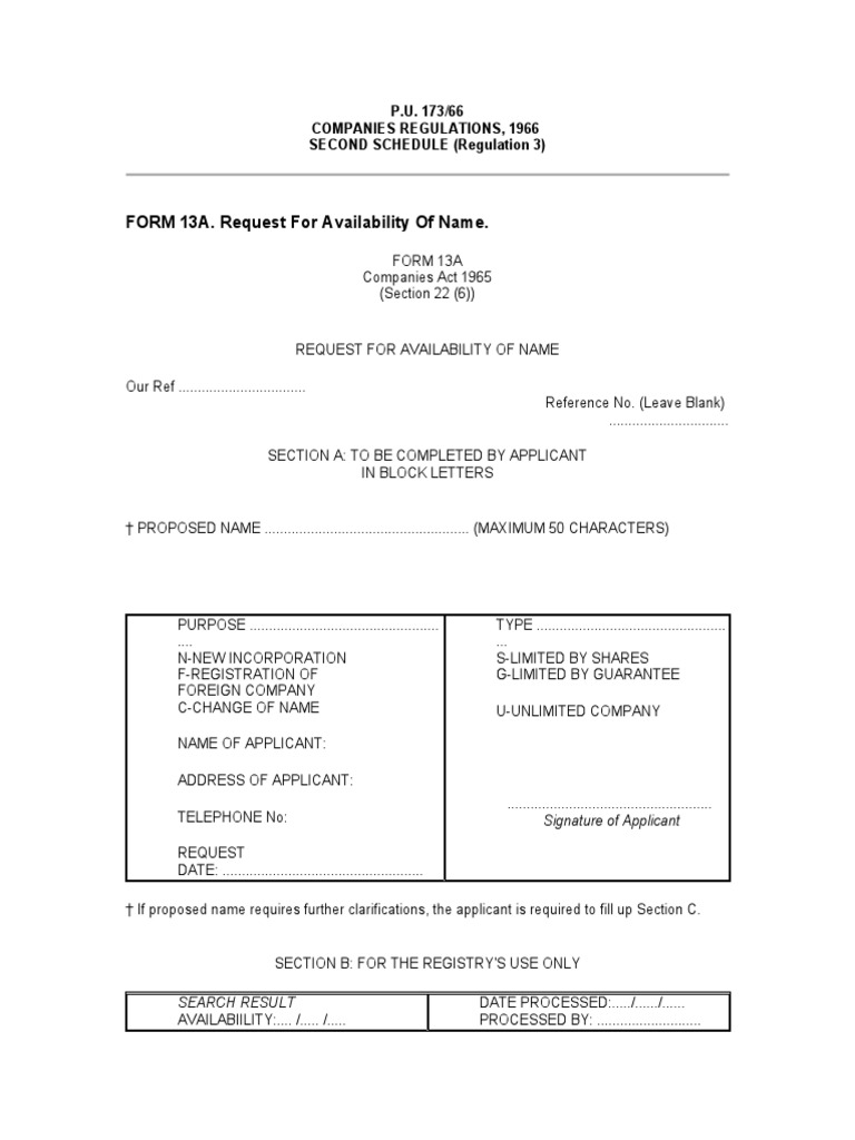 FORM 13A. Request For Availability of Name.: P.U. 173/66 Companies ...