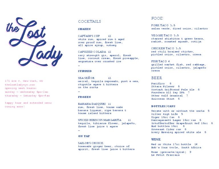 Lost Lady Menu | PDF | Alcoholic Drinks | Drink