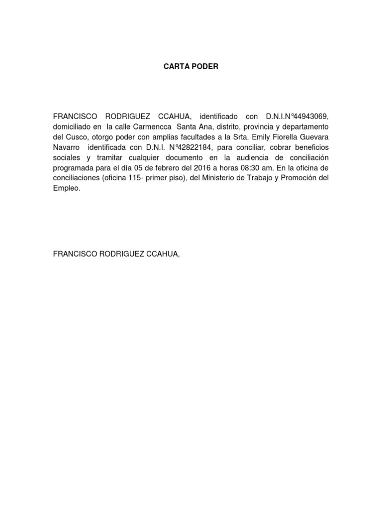 Carta poder para representación legal en audiencia de conciliación | PDF