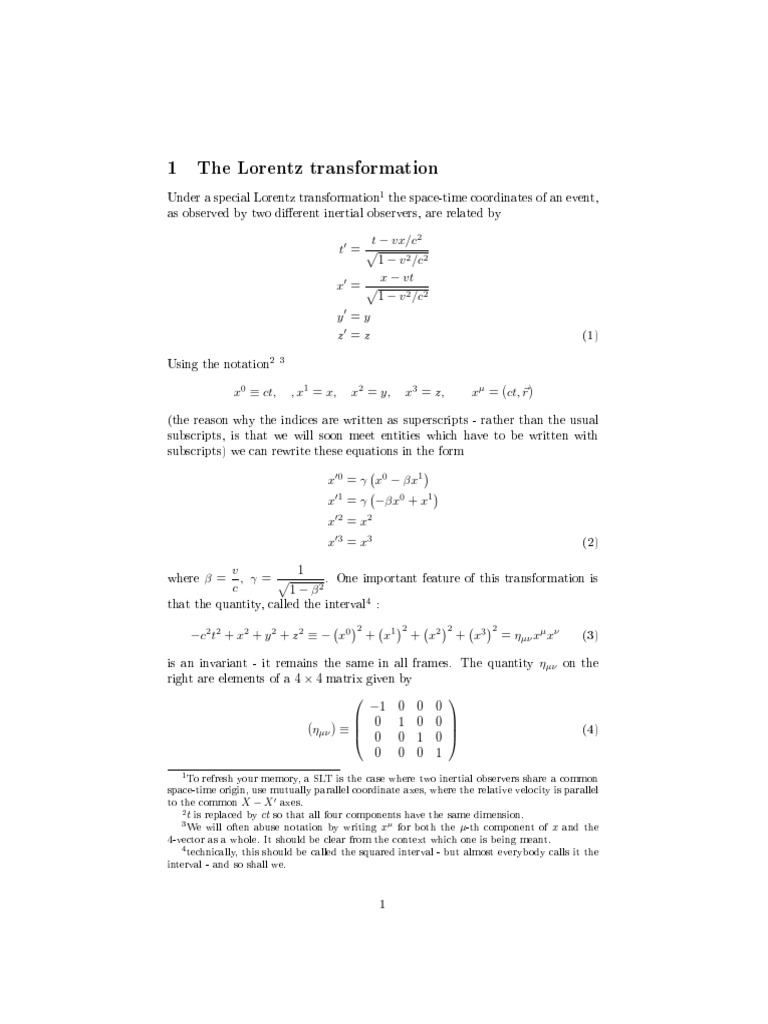 1 The Lorentz Transformation Pdf Tensor Euclidean Vector