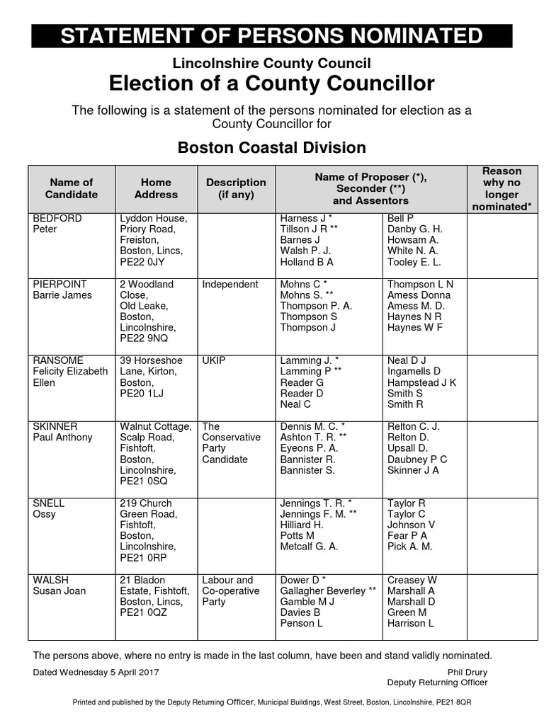Boston Borough Council Statement of Persons Nominated | PDF | Political ...