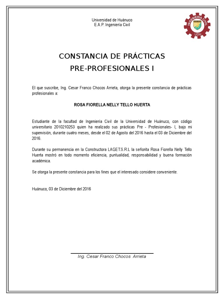 Constancia de Practicas Pre Profesionales i Constancia de Practicas Pre Profesionales i