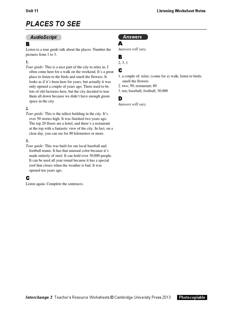 Interchange4thEd Level2 Unit11 Listening Worksheet | PDF | Leisure