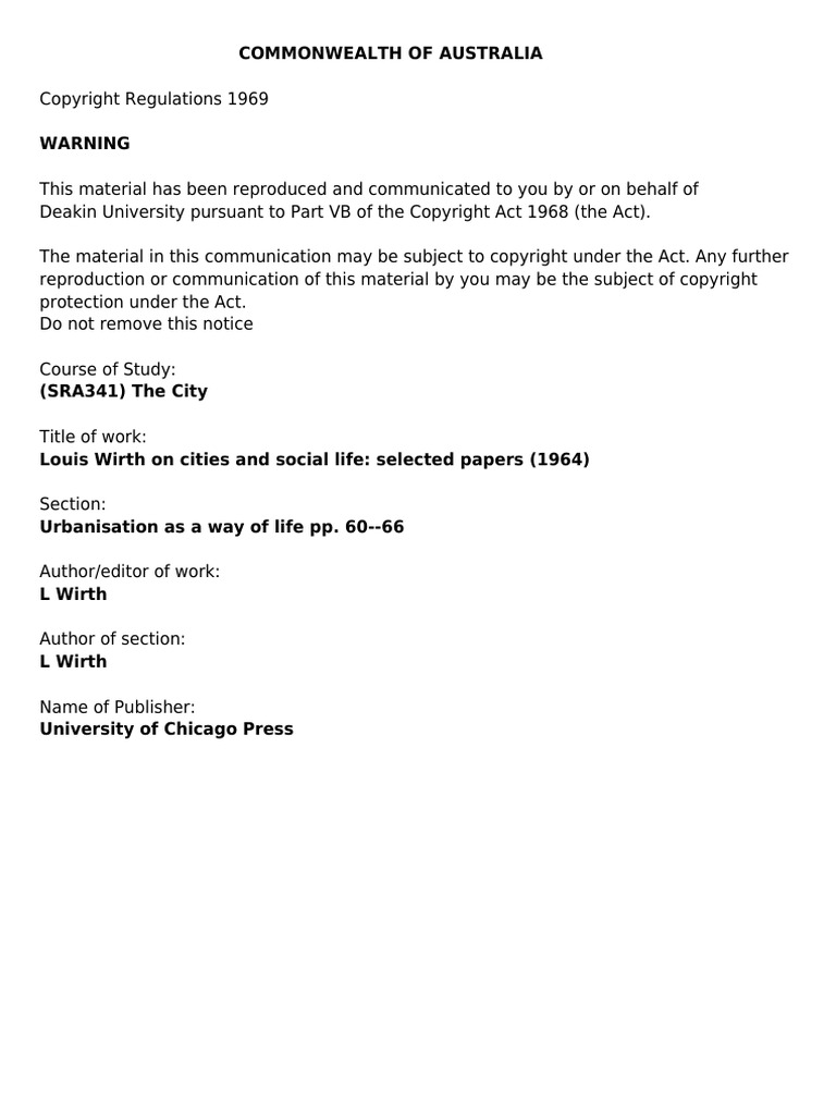 SRA341 L Wirth Louis Wirth On Cities and Social Life Selected Papers ...