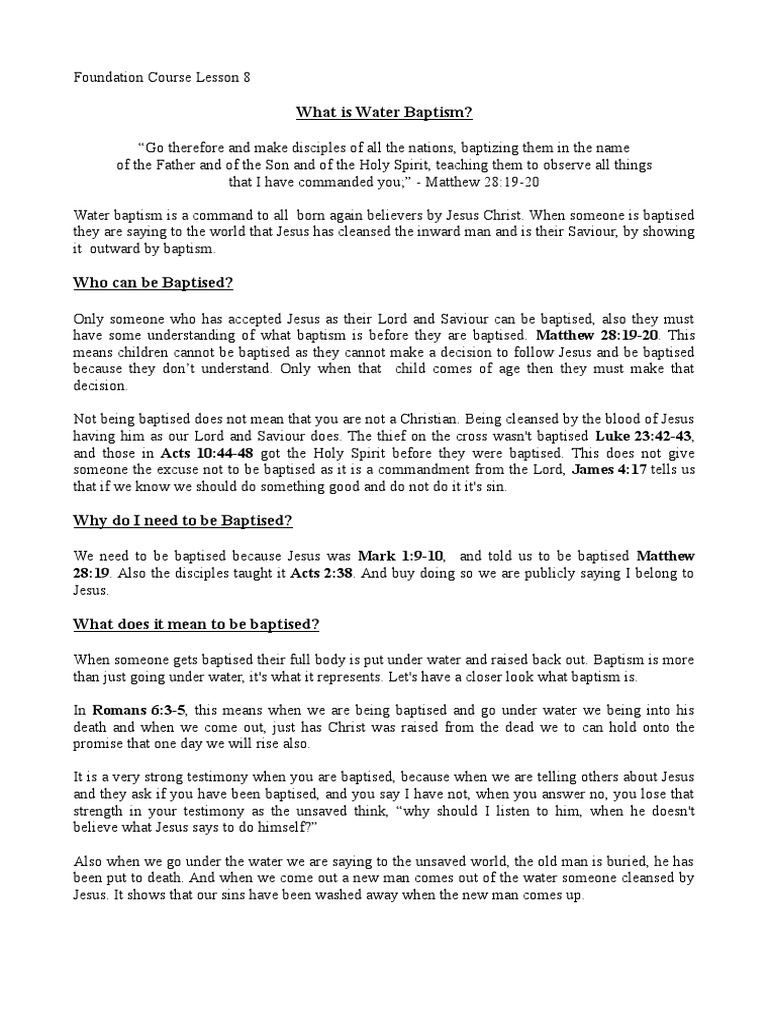 Lesson 8 Water Baptism | PDF | Baptism | Great Commission