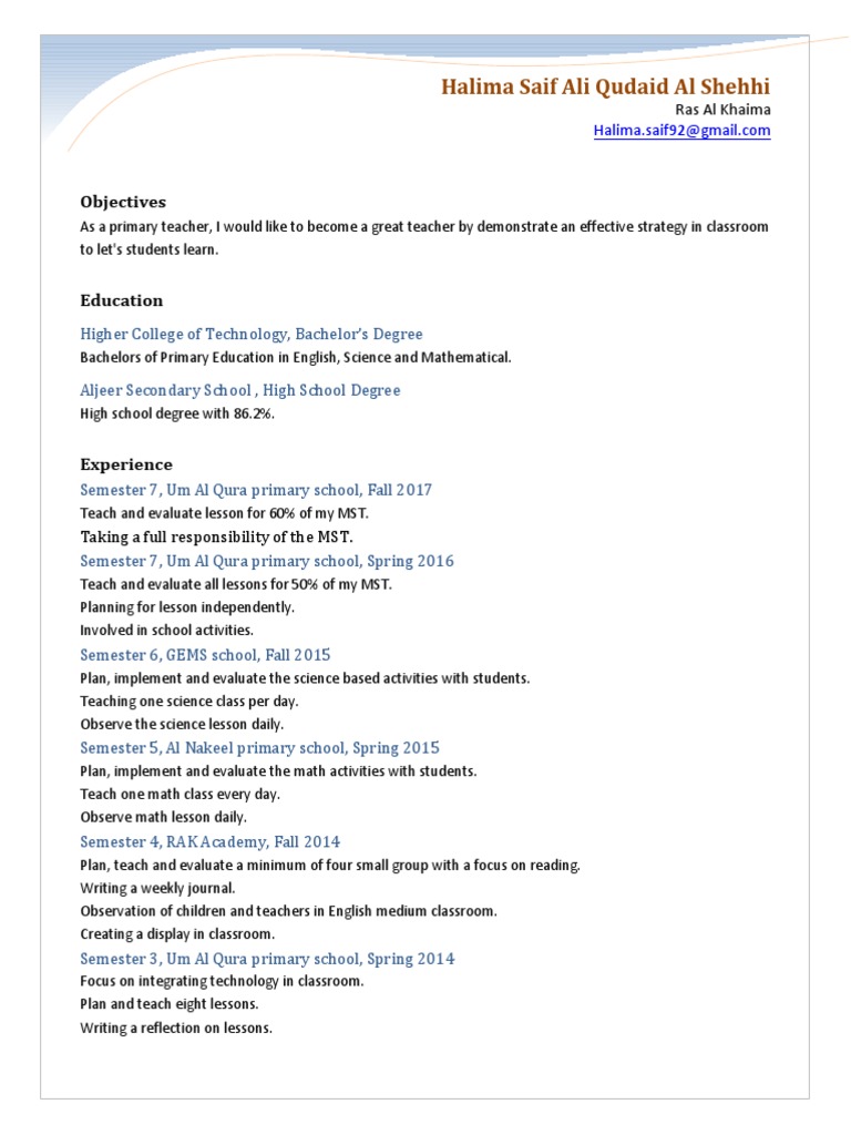 Halima Saif Ali Qudaid Al Shehhi: Objectives | PDF | Teachers | Academic Term