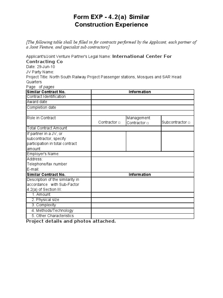 Form 42 B: Construction Experience Details | PDF