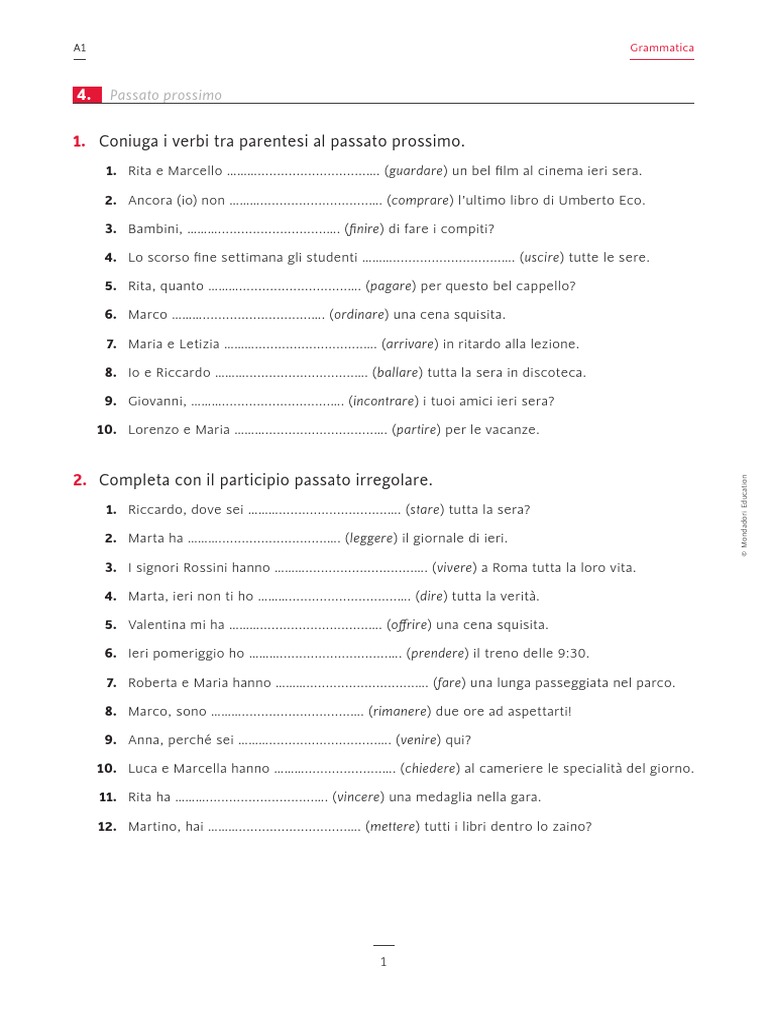 A1 Grammatica Passato Prossimo | PDF