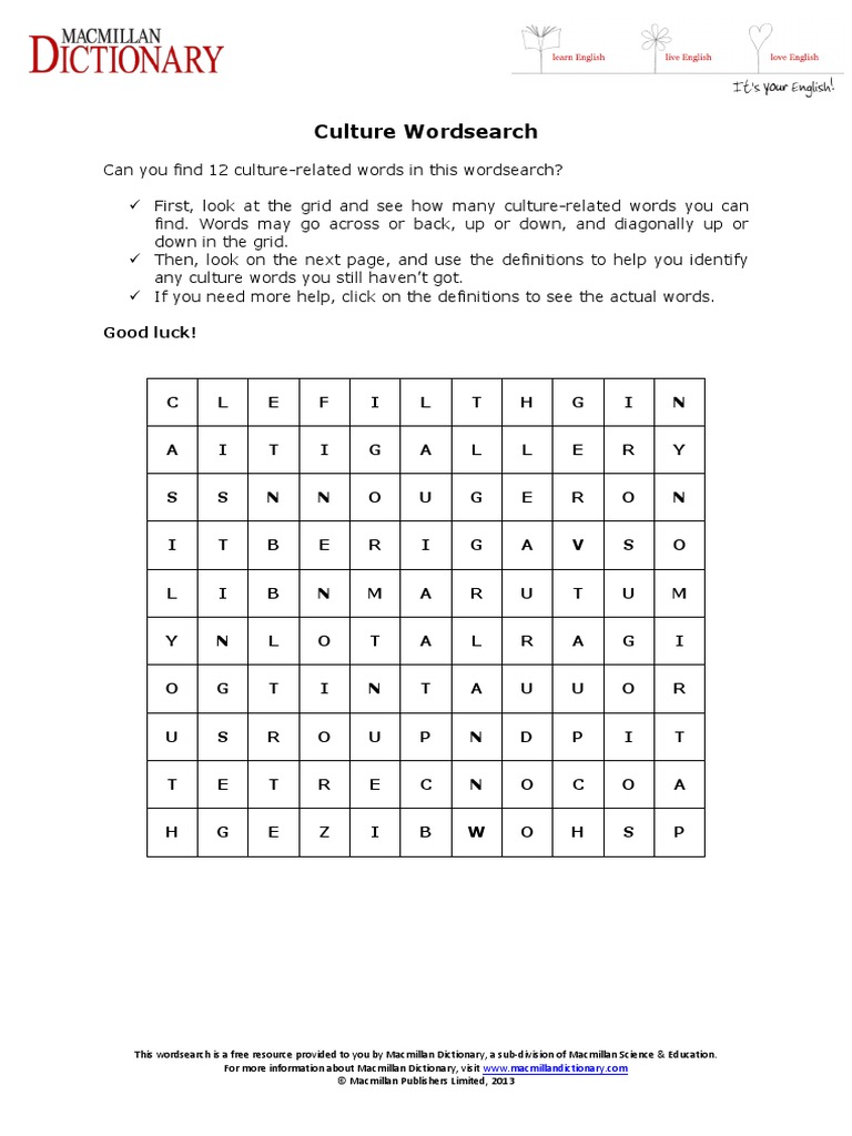 Culture Word Search 1 | PDF | Word Search | Entertainment