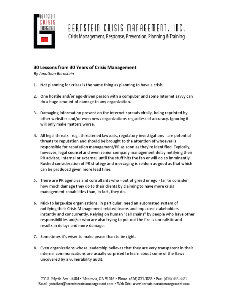 30 Lessons From 30 Years of Crisis Management | PDF | Crisis Management ...