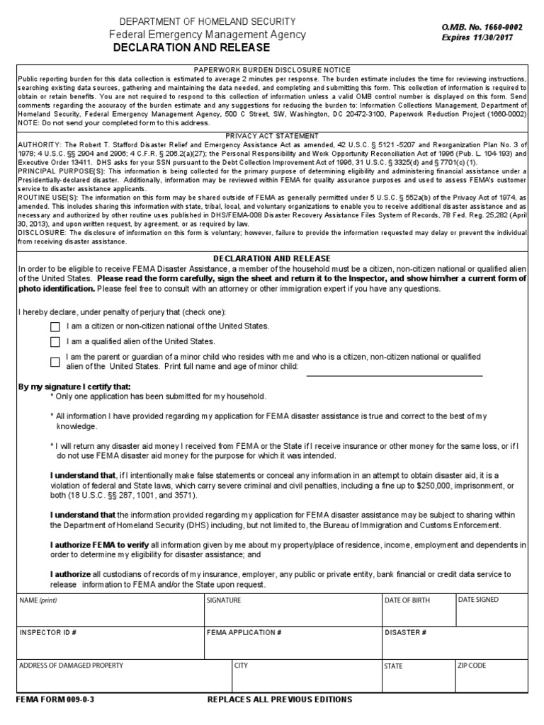 FEMA Form 009: Declaration & Release | PDF | Federal Emergency ...