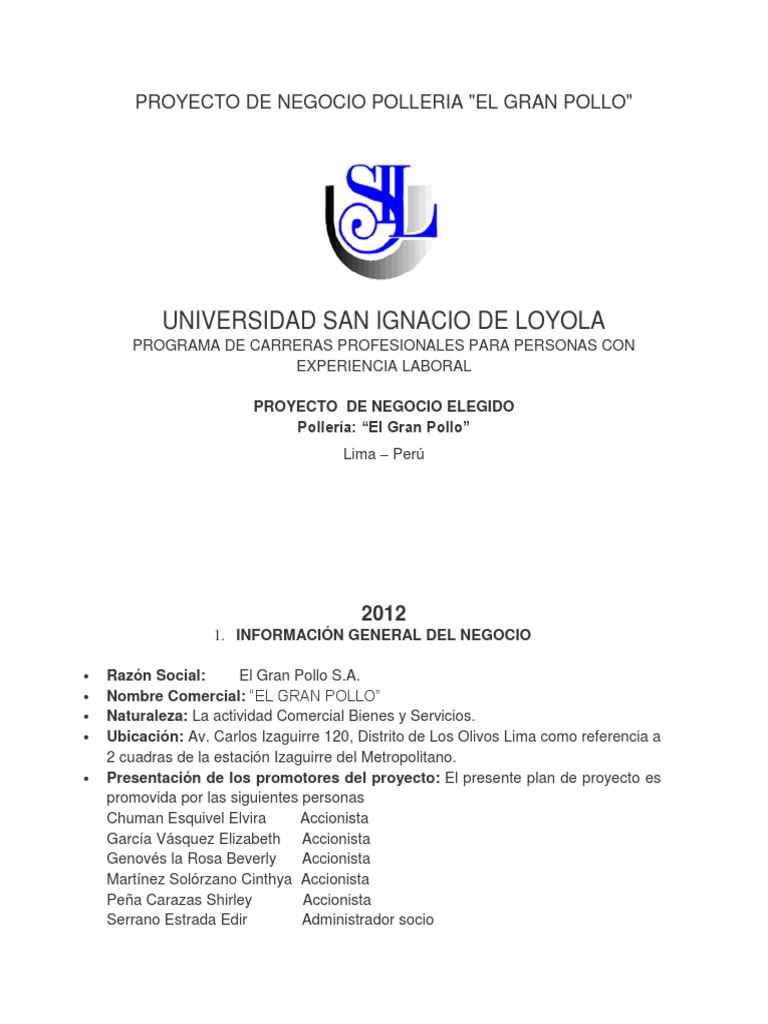 Proyecto de Negocio Polleria Usil | PDF | Análisis FODA | Calidad ...