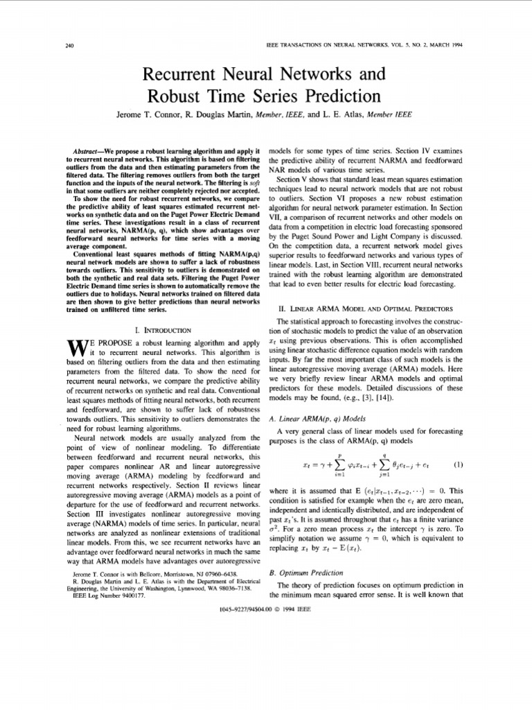 Recurrent Neural Networks and Robust Time Series Prediction | PDF | Artificial Neural Network ...