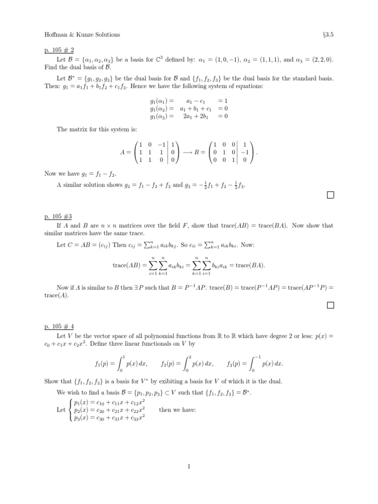 Hoffman Kunze Linear Algebra Chapter 3 5 3 7 Solutions | Basis (Linear ...