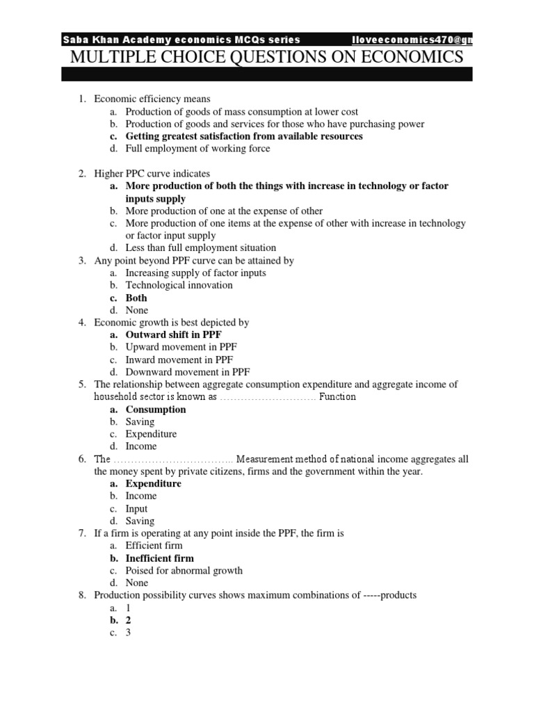 Multiple Choice Questions On Economics: C. Getting Greatest ...