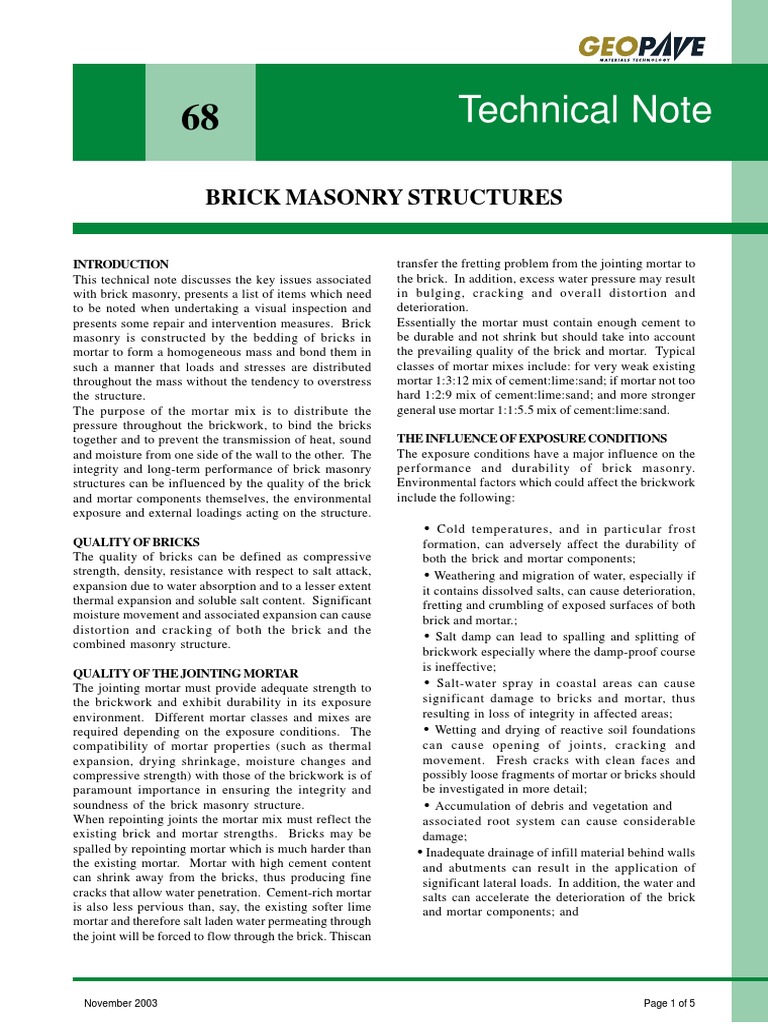 Technical Note TN 068 Brick Masonary Structures PDF | PDF | Mortar ...
