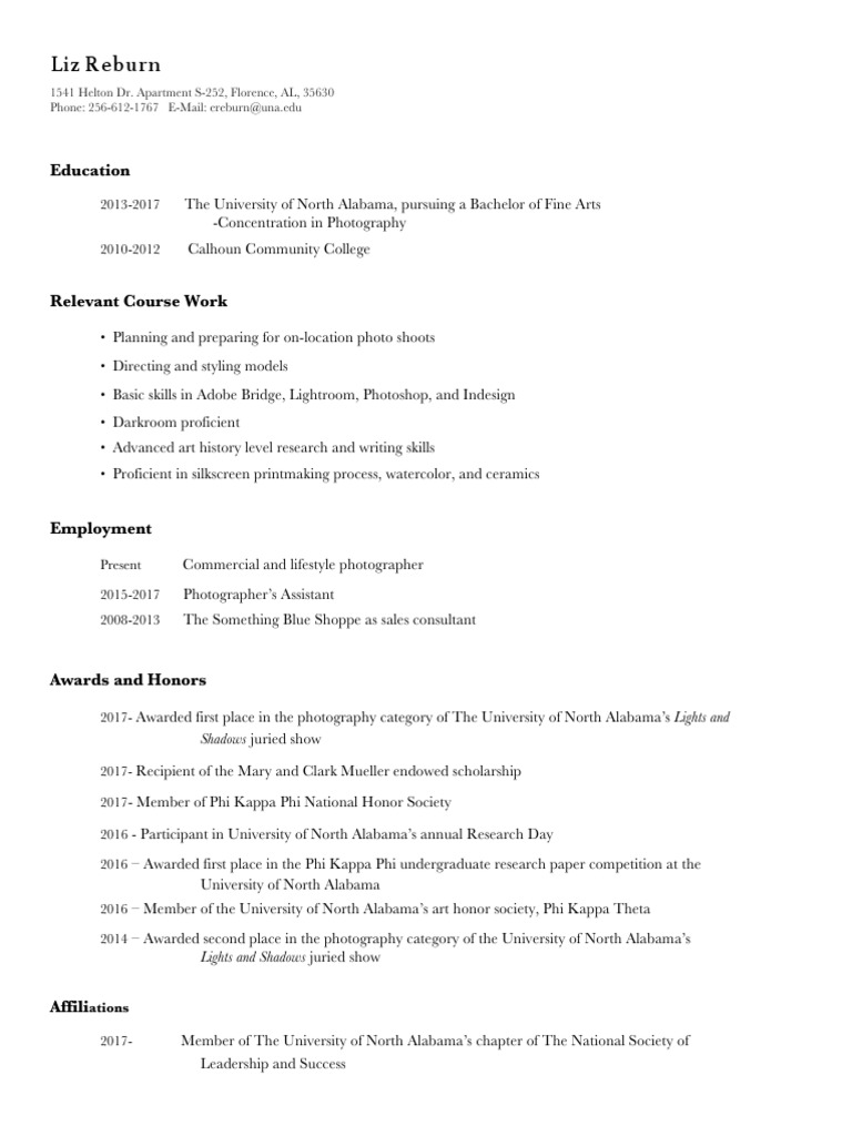 Liz Reburn: Photographer Resume | PDF