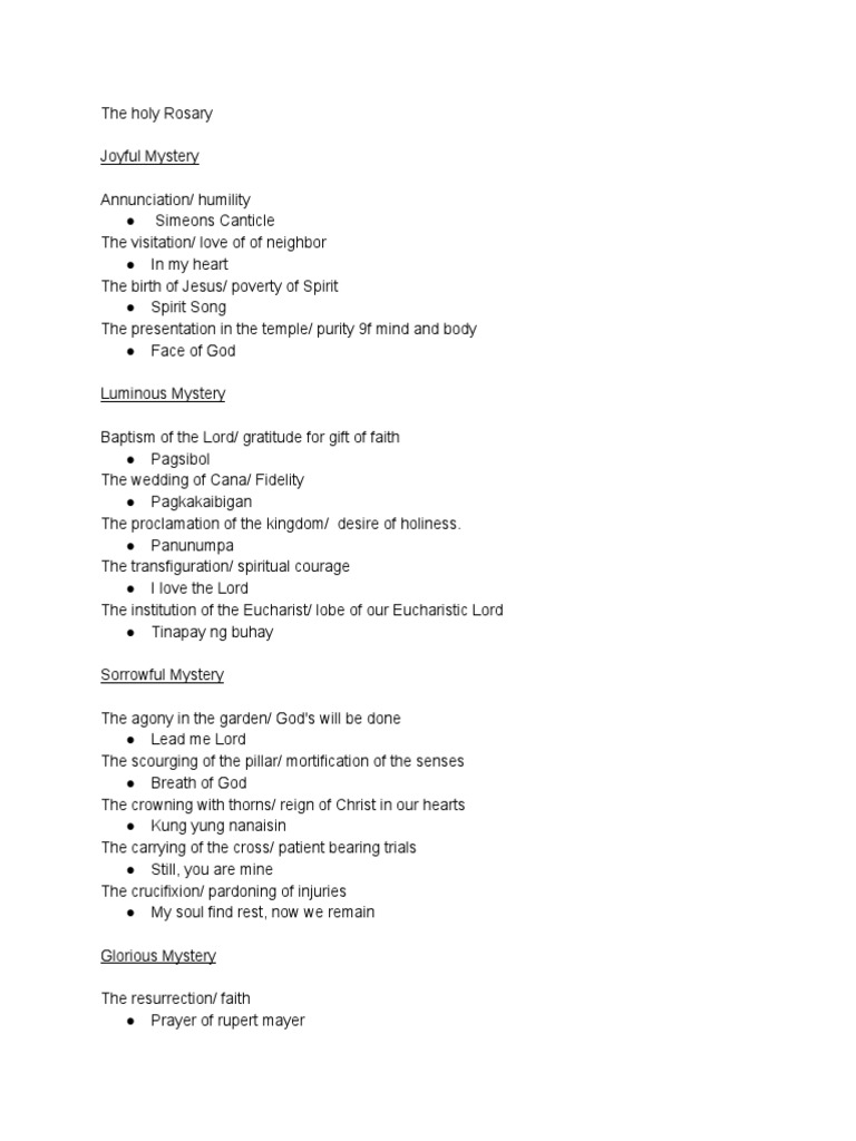 Rosary Mysteries and Songs Guide | PDF