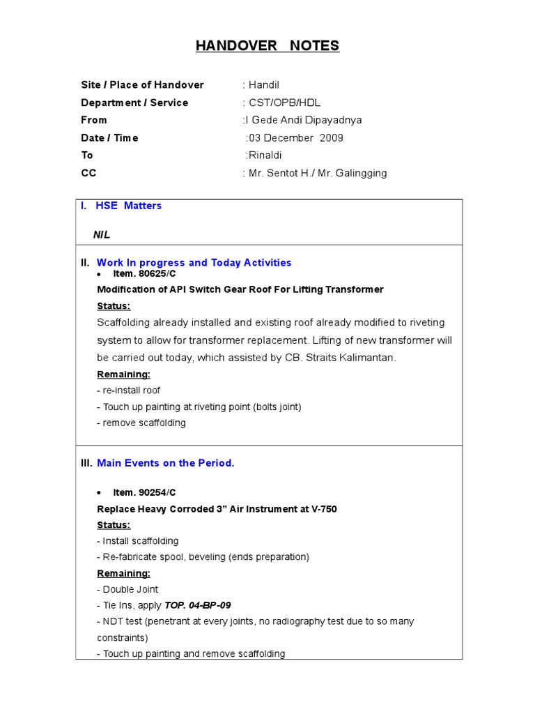 Handover Notes: Site / Place of Handover Department / Service From Date ...