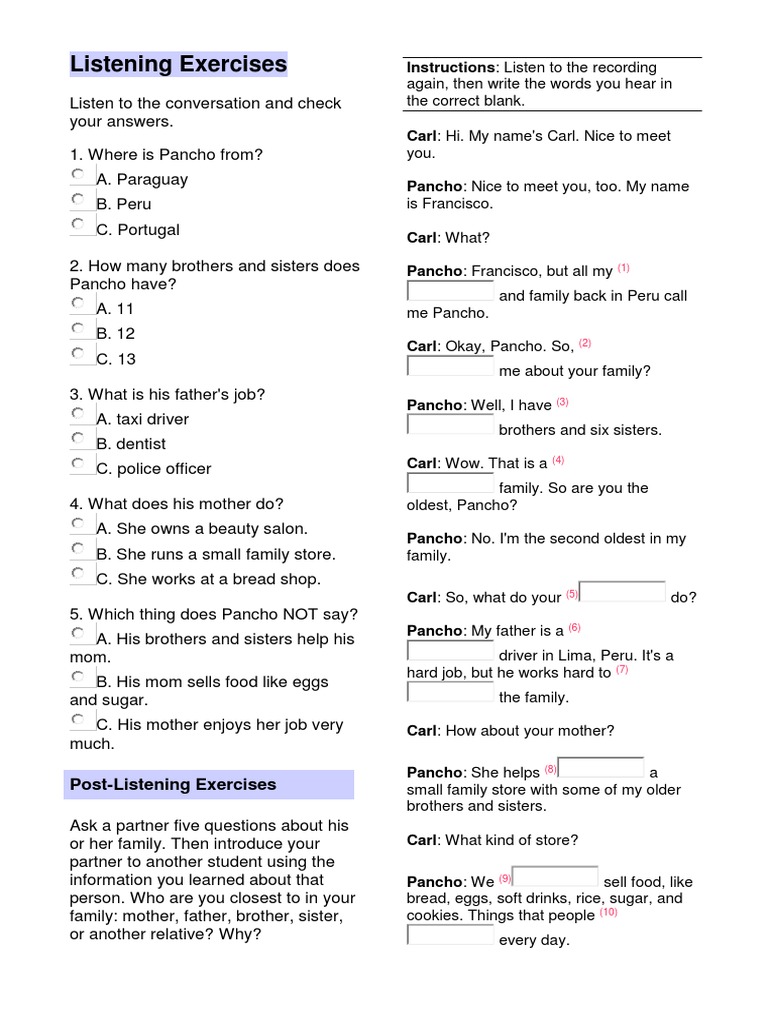 Listening Exercises Family | PDF