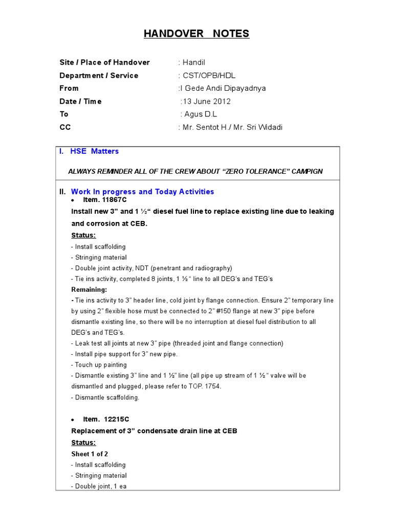 Handover Notes: Site / Place of Handover Department / Service From Date ...